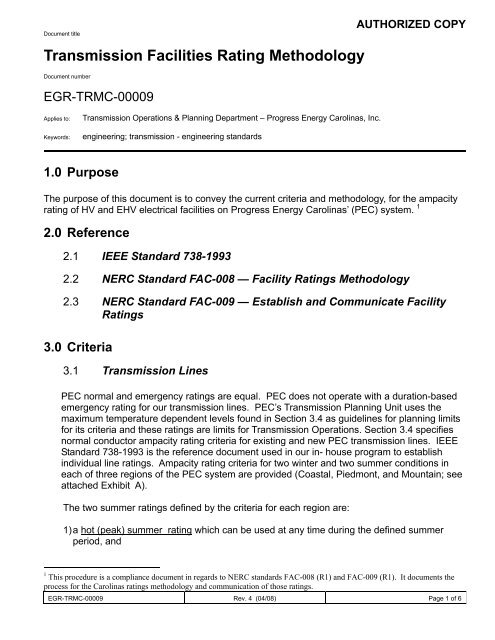 Transmission Facilities Rating Methodology
