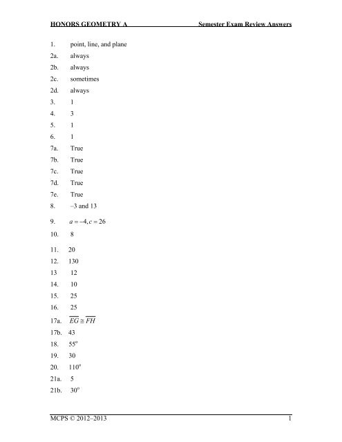 2012-2013 Honors Geometry A Review Answers