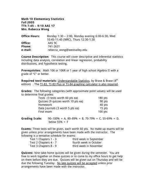 Math 10 Elementary Statistics - West Valley College