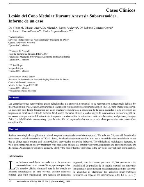 Lesión del Cono Medular Durante Anestesia Subaracnoidea.