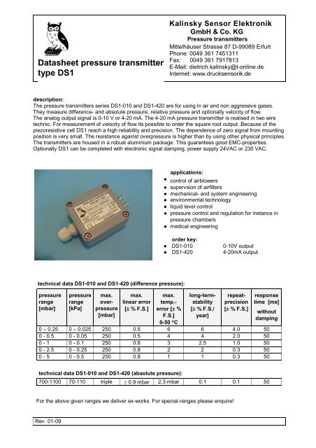 Datasheet pressure transmitter type DS1 - Kalinsky Sensor Elektronik