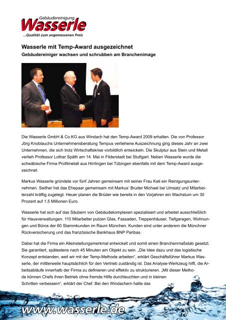 Wasserle mit Temp-Award ausgezeichnet