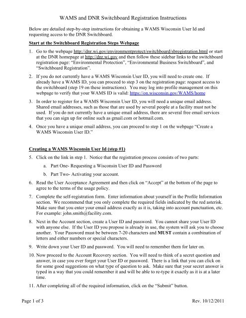 WAMS and DNR Switchboard Registration ... - Wisconsin.gov