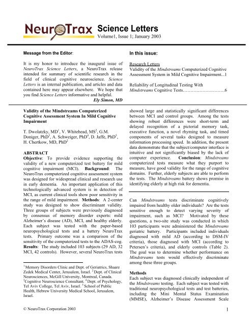 Science Letters, a NeuroTrax