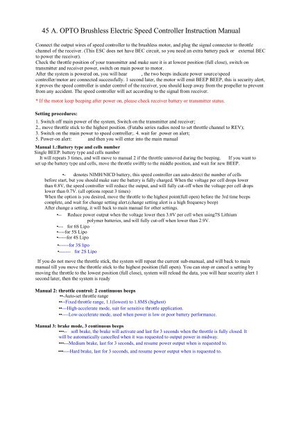 45 A. OPTO Brushless Electric Speed Controller Instruction Manual