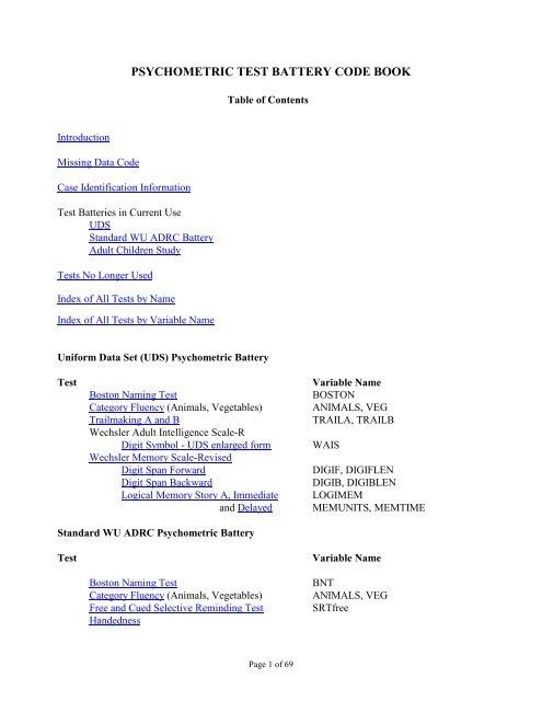 Psychometric Codebook - Alzheimer's Disease Research Center