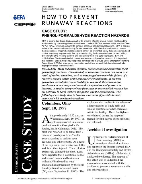 HOW TO PREVENT RUNAWAY REACTIONS CASE STUDY - US ...