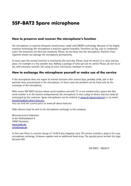 SSF-BAT2 Spare microphone - All about Bats