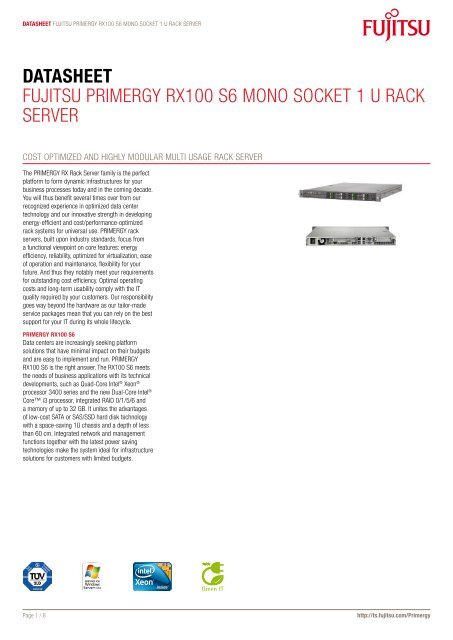 Datasheet Fujitsu PRiMERGY RX100 s6 Mono sockEt 1 u Rack ...