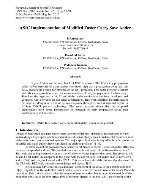 ASIC Implementation of Modified Faster Carry Save ... - EuroJournals