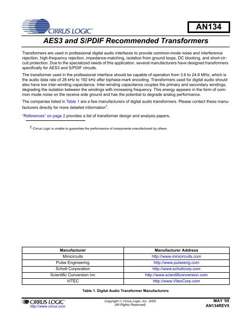 AN134 AES and SPDIF Recommended Transformers - Cirrus Logic