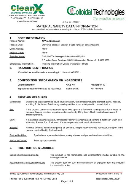 material safety data information - CleanX Cleaning Supplies