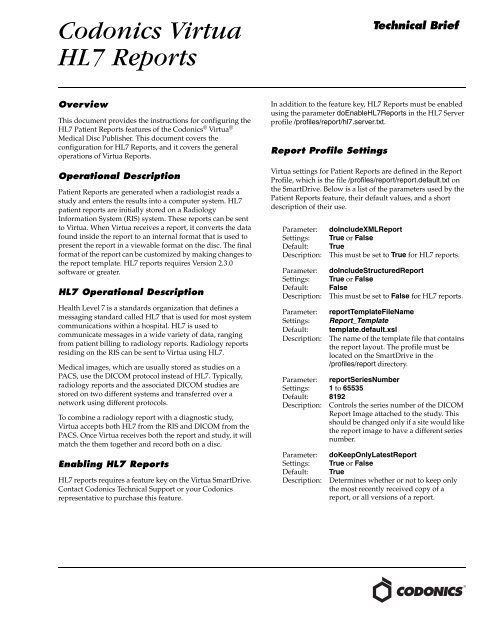 Codonics Virtua HL7 Reports
