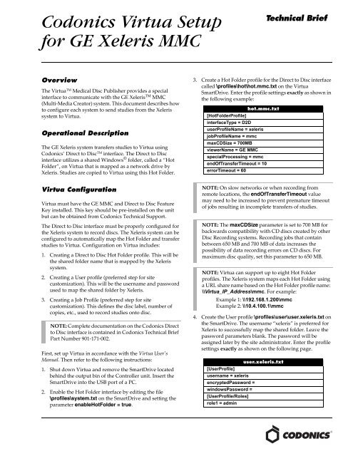 Codonics Virtua Setup for GE Xeleris MMC