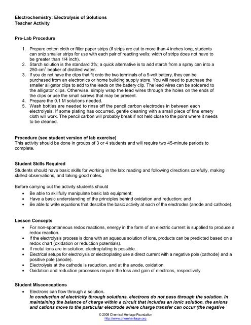 Electrolysis of Solutions Teacher Activity - Chemical Heritage ...