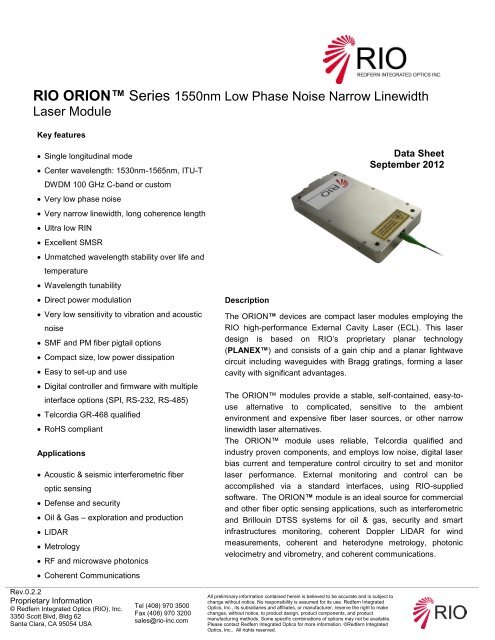 RIO ORION™ Series 1550nm Low Phase Noise Narrow Linewidth ...
