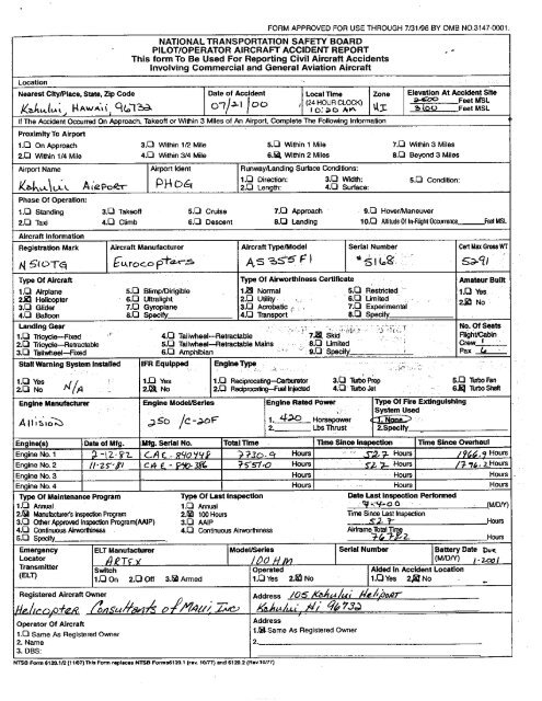 Pilot/Operator Aircraft Accident Report, NTSB Form 6120.1