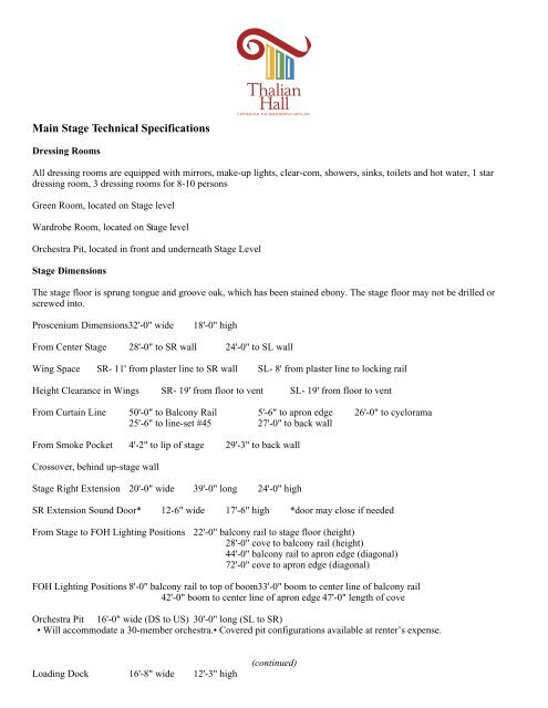 Main Stage Technical Specifications - Thalian Hall