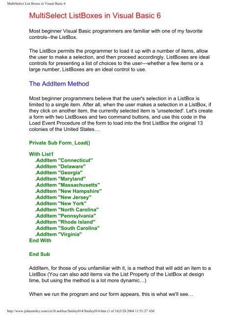 MultiSelect List Boxes in Visual Basic 6 - John Smiley