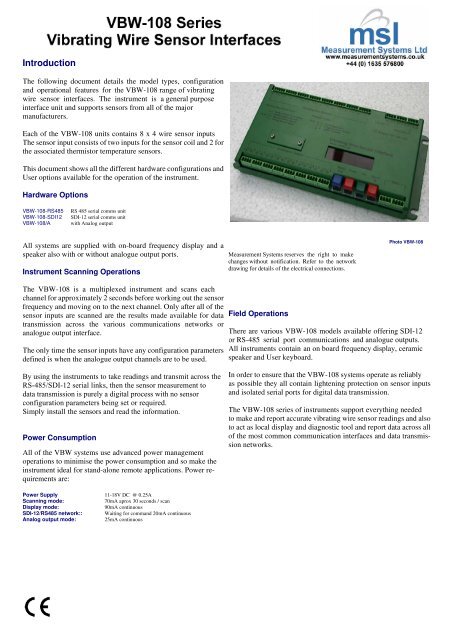 VBW-108 Vibrating Wire Interface Datasheet - Measurement ...