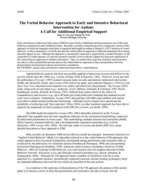 The Verbal Behavior Approach to Early and Intensive Behavioral ...