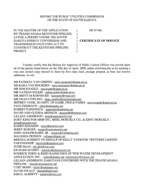 certificate of service - South Dakota Public Utilities Commission ...