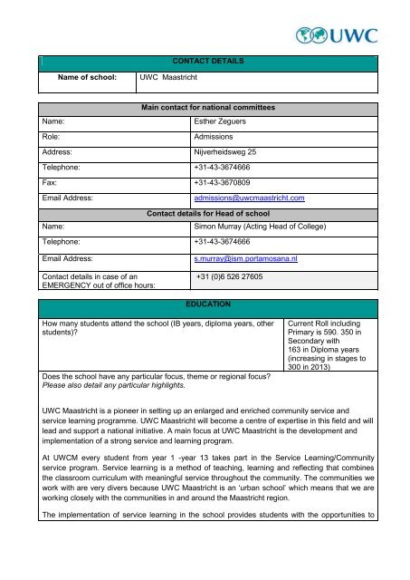 CONTACT DETAILS Name of school: UWC Maastricht Main contact ...