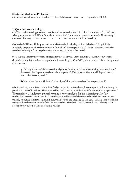1 Statistical Mechanics Problems I (Assessed as extra credit at a ...