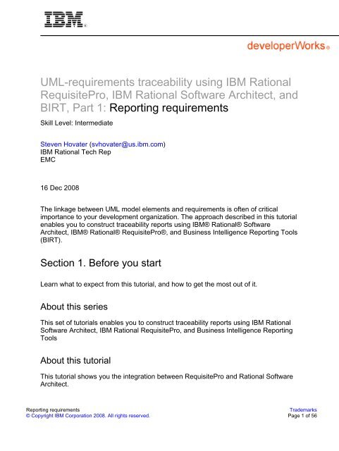 UML-requirements traceability using IBM Rational RequisitePro, IBM ...