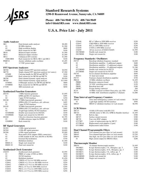 US Price List - Stanford Research Systems
