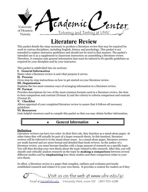 A Literature Review Checklist - University of Houston-Victoria