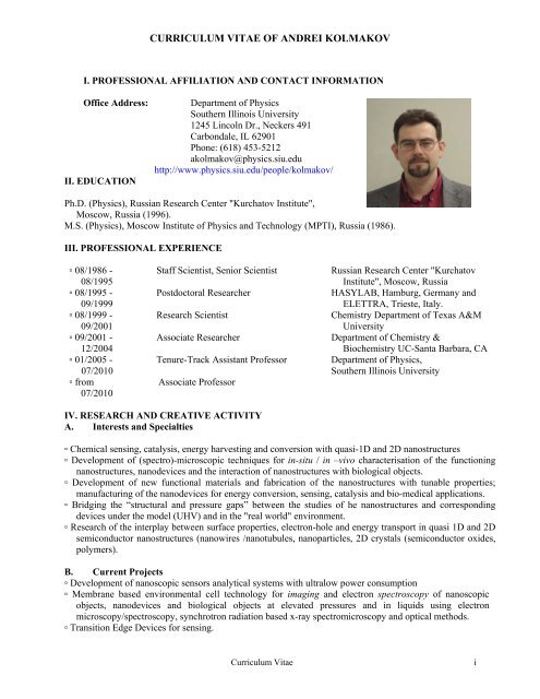 curriculum vitae of andrei kolmakov - Physics - Southern Illinois ...