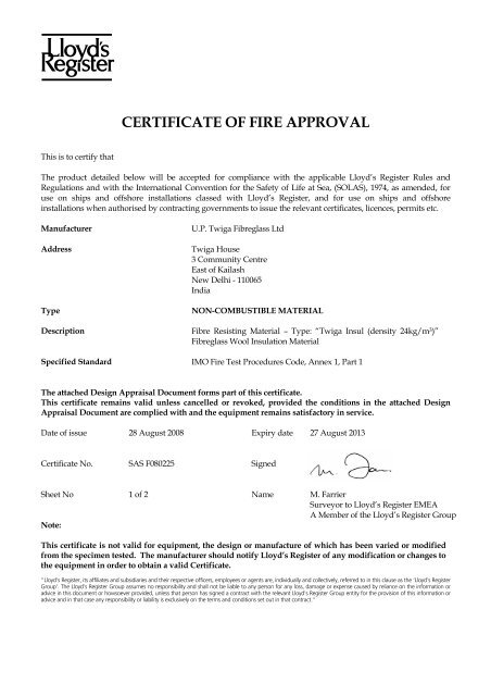 CERTIFICATE OF FIRE APPROVAL - Twiga Fiberglass Ltd
