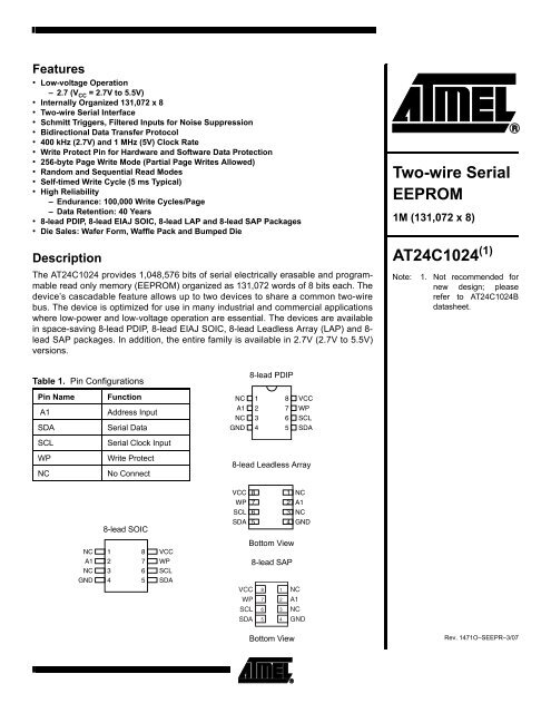 Two-wire Serial EEPROM AT24C1024(1) - Atmel Corporation