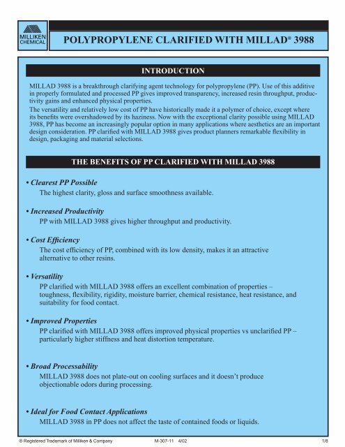 Polypropylene clarified with millad 3988
