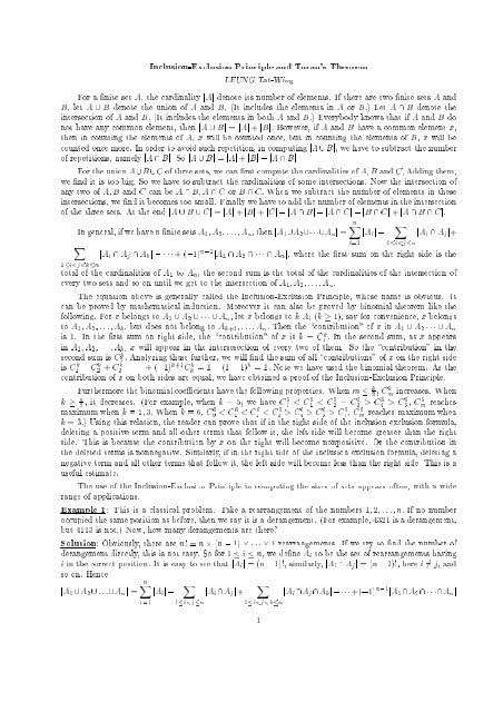 Inclusion-Exclusion Principle and Turan's Theorem LEUNG Tat ...