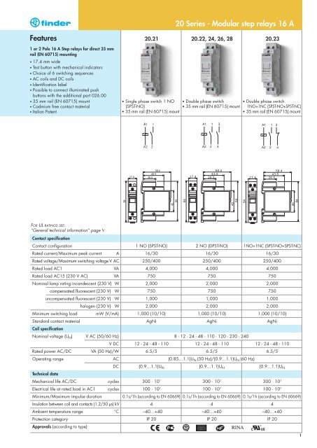 Features 20 Series - Modular step relays 16 A - Finder