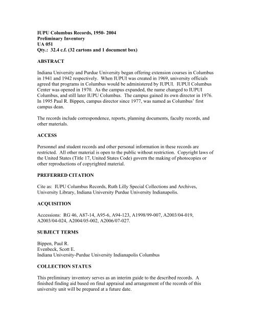 IUPU Columbus Records, 1950 - IUPUI University Library