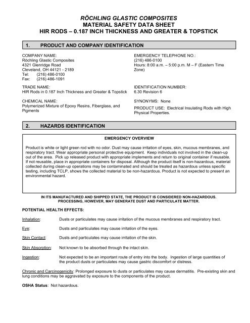 röchling glastic composites material safety data sheet hir rods