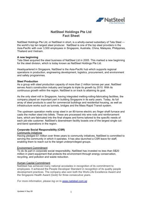 NatSteel Holdings Pte Ltd Fact Sheet