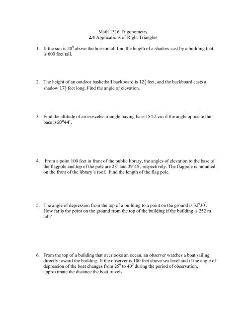 Math 1316 Trigonometry 2.4 Applications of Right ... - Del Mar College