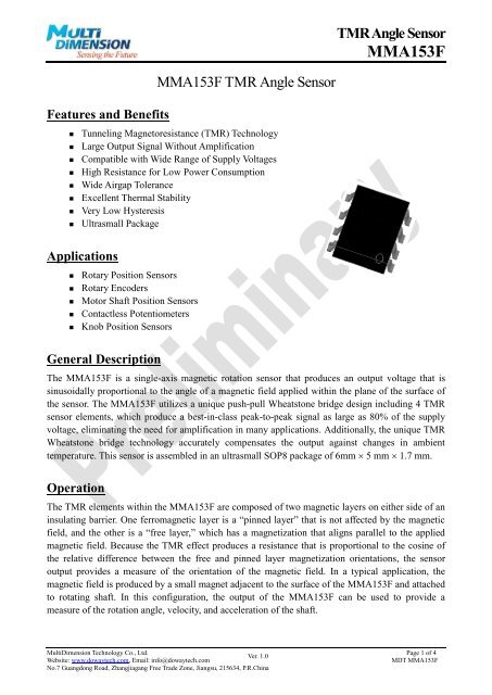 360 Degrees Tunnel Magnetoresistance (TMR) Angle Sensor