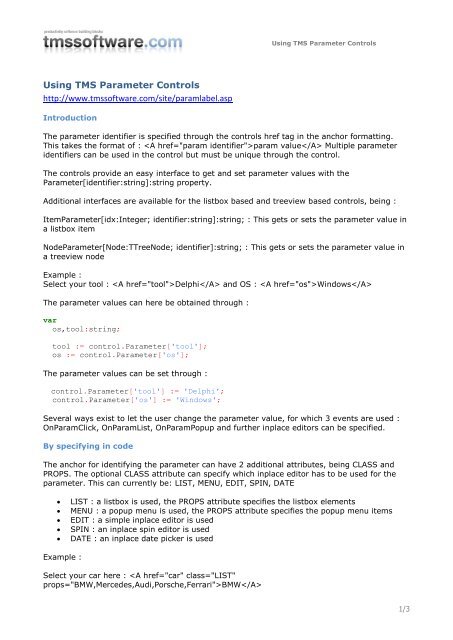 Using TMS Parameter Controls - TMS Software
