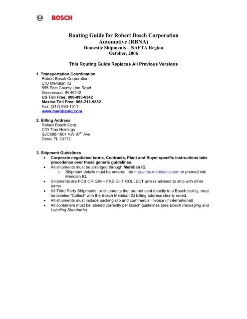 Routing Guide for Robert Bosch Corporation Automotive (RBNA)