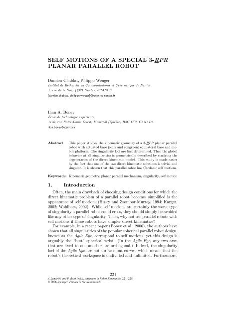 SELF MOTIONS OF A SPECIAL 3-RPR PLANAR PARALLEL ROBOT