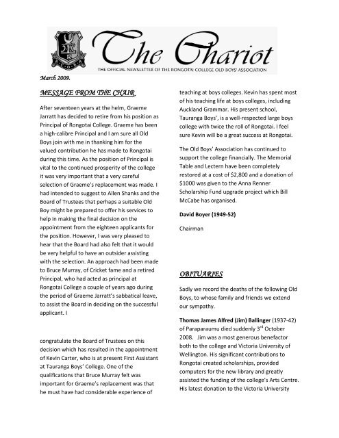 MESSAGE FROM THE CHAIR ; - Rongotai College