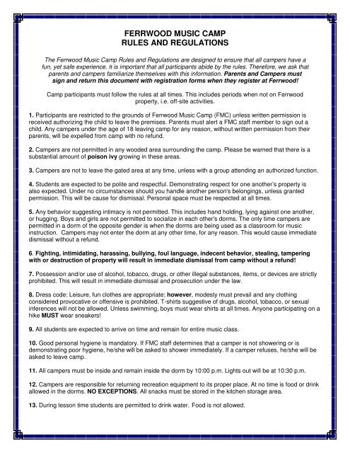 FERRWOOD MUSIC CAMP RULES AND REGULATIONS