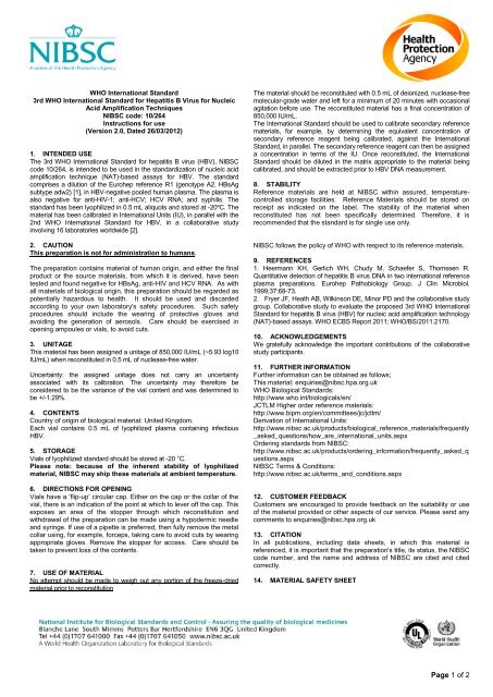 3rd WHO International Standard for Hepatitis B Virus for ... - NIBSC