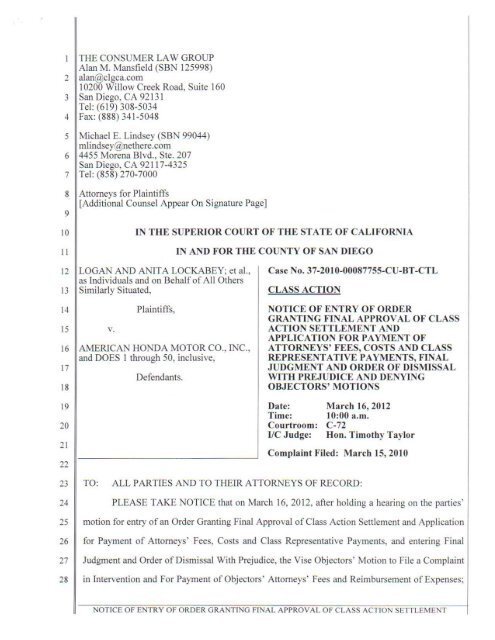 Notice of Entry of Final Approval Order.3.16.12 - Consumer Law ...