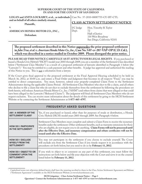 Class Action Settlement Notice Honda Civic Hybrid Settlement